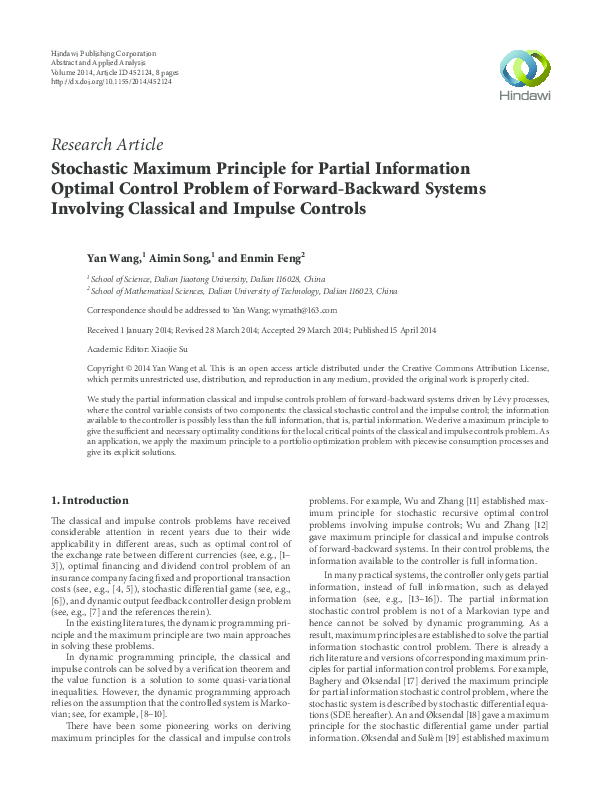 Pdf Stochastic Maximum Principle For Partial Information Optimal Control Problem Of Forward