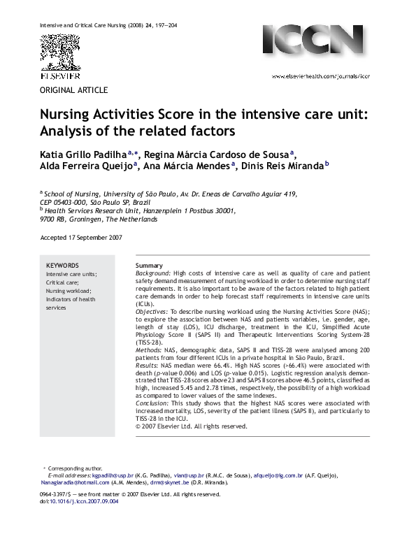 (PDF) Nursing Activities Score in the intensive care unit: Analysis of the related factors