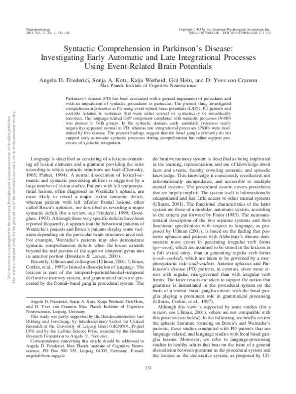 (PDF) Syntactic comprehension in Parkinson's disease: Investigating early automatic and late ...