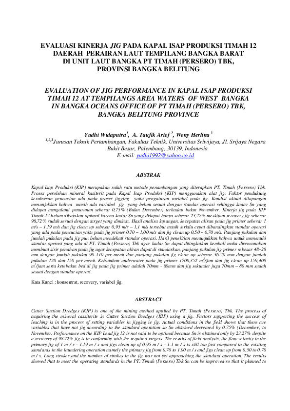 (PDF) EVALUATION OF JIG PERFORMANCE IN KAPAL ISAP PRODUKSI TIMAH 12 AT ...