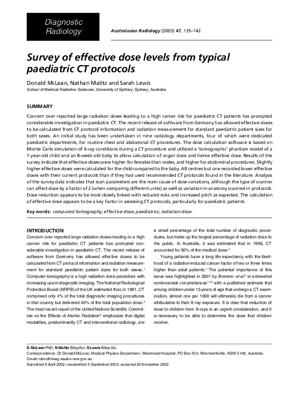 (PDF) Survey of effective dose levels from typical paediatric CT protocols
