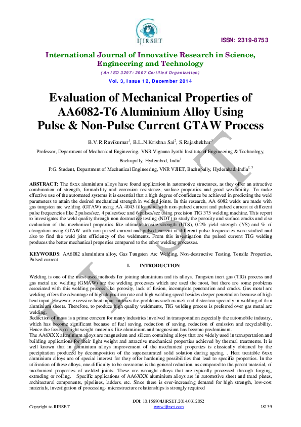 (PDF) Evaluation of Mechanical Properties of AA6082-T6 Aluminium Alloy Using Pulse & Non-Pulse ...