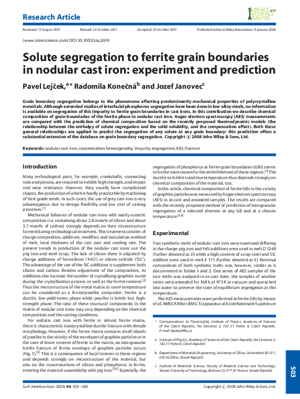 Pdf Solute Segregation To Ferrite Grain Boundaries In Nodular Cast Iron Experiment And Prediction