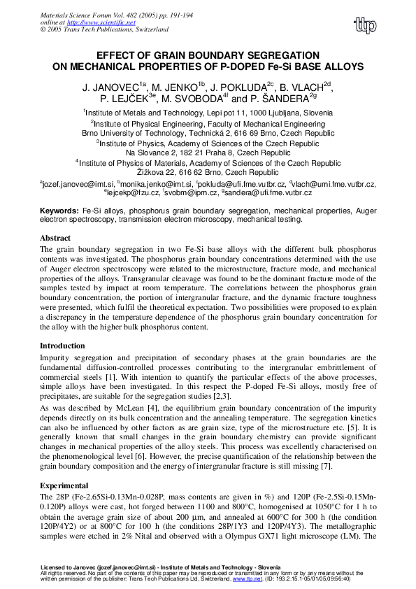 (PDF) Effect of Grain Boundary Segregation on Mechanical Properties of P-Doped Fe-Si Base Alloys