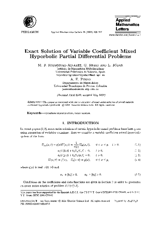 (PDF) Exact solution of variable coefficient mixed hyperbolic partial differential problems