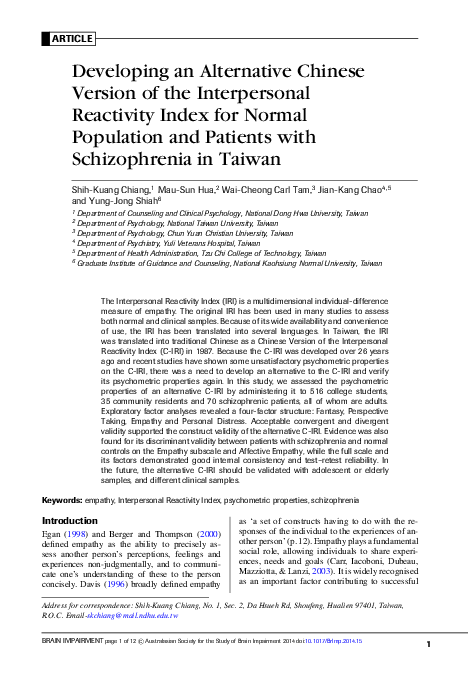 (PDF) Developing an Alternative Chinese Version of the Interpersonal Reactivity Index for Normal ...