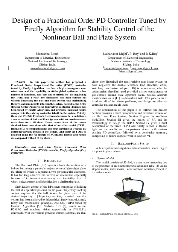 (PDF) Design of a Fractional Order PD Controller Tuned by Firefly Algorithm for Stability ...