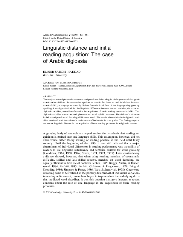 (PDF) Linguistic distance and initial reading acquisition: The case of Arabic diglossia