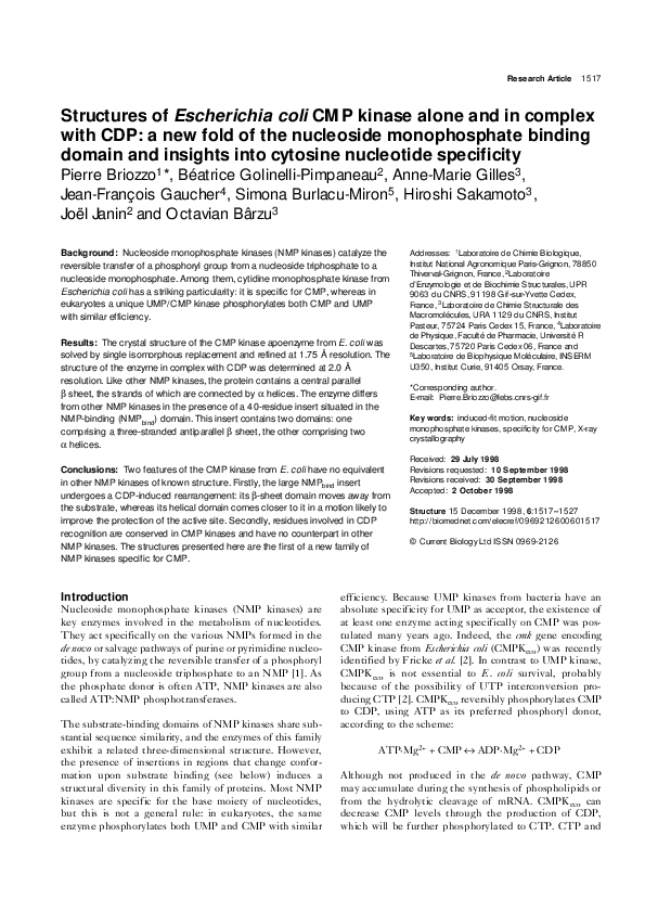 (PDF) Structures of Escherichia coli CMP kinase alone and in complex ...