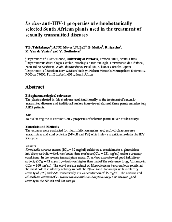 (PDF) In vitro anti-HIV-1 properties of ethnobotanically selected South African plants used in ...
