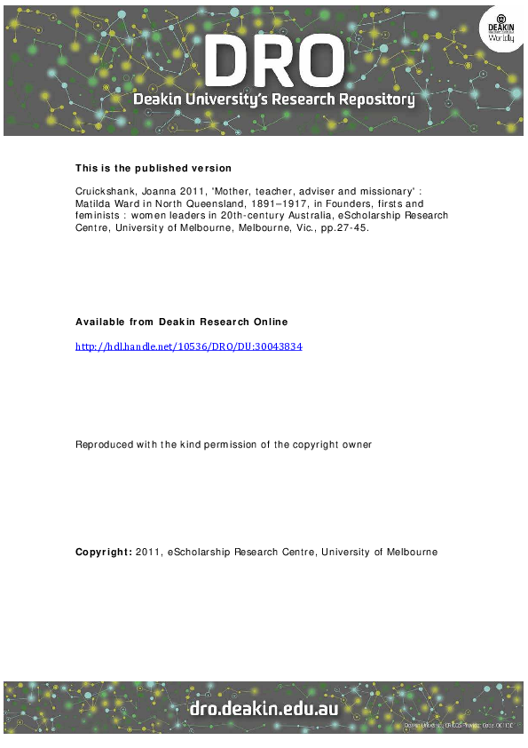 (PDF) 'Mother, Teacher, Adviser and Missionary': Matilda Ward in North ...