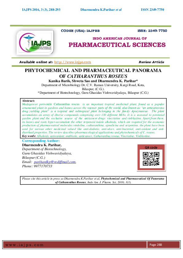 (PDF) PHYTOCHEMICAL AND PHARMACEUTICAL PANORAMA OF CATHARANTHUS ROSEUS
