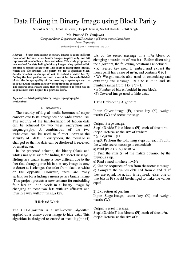 Pdf Data Hiding In Binary Image Using Block Parity