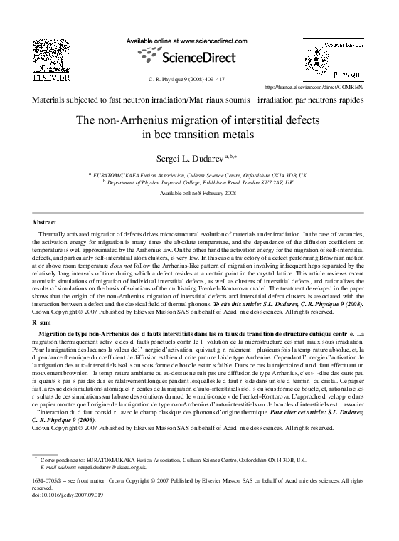 (PDF) The non-Arrhenius migration of interstitial defects in bcc ...