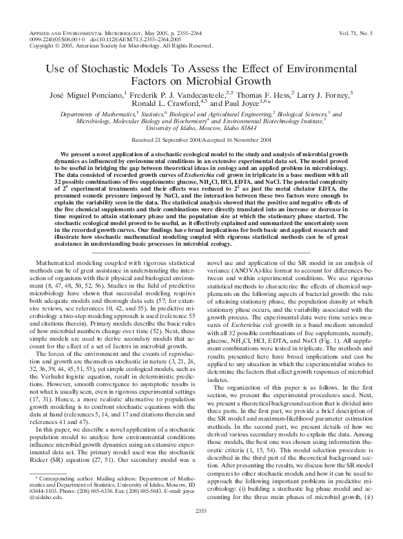Pdf Use Of Stochastic Models To Assess The Effect Of Environmental Factors On Microbial Growth