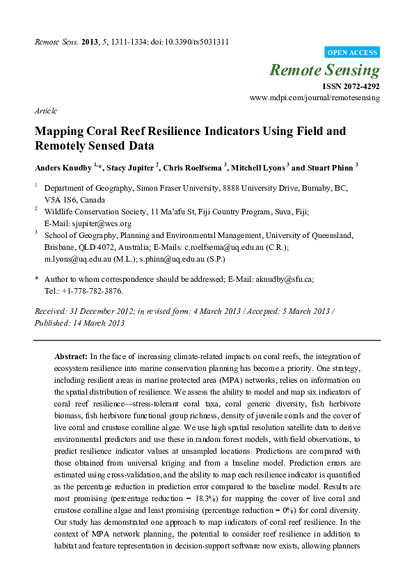 (PDF) Mapping coral reef resilience indicators using field and remotely ...