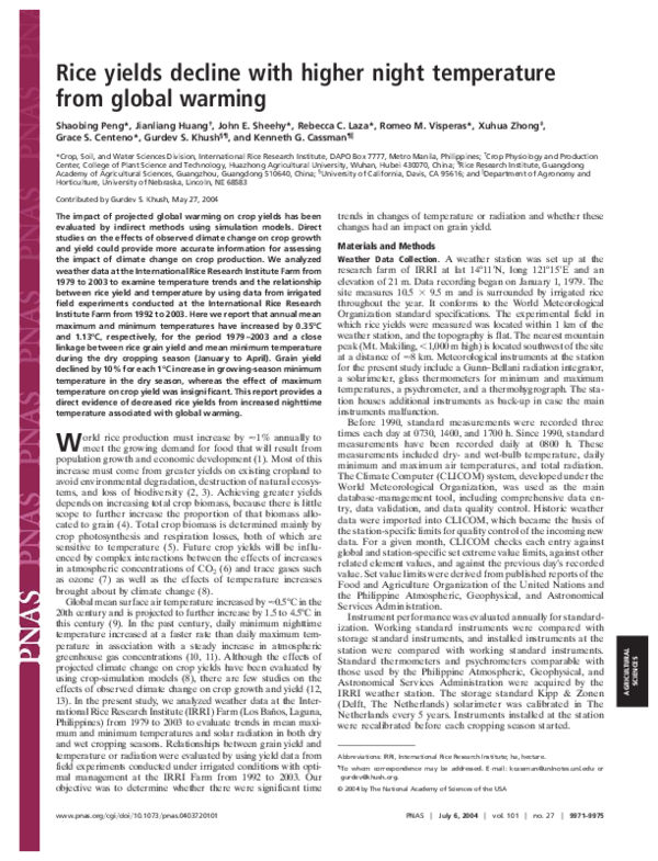 (PDF) Rice yields decline with higher night temperature from global warming