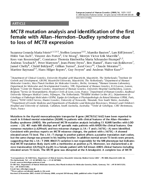 (PDF) MCT8 mutation analysis and identification of the first female ...