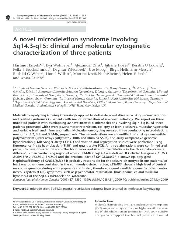 (PDF) A novel microdeletion syndrome involving 5q14.3-q15: clinical and ...