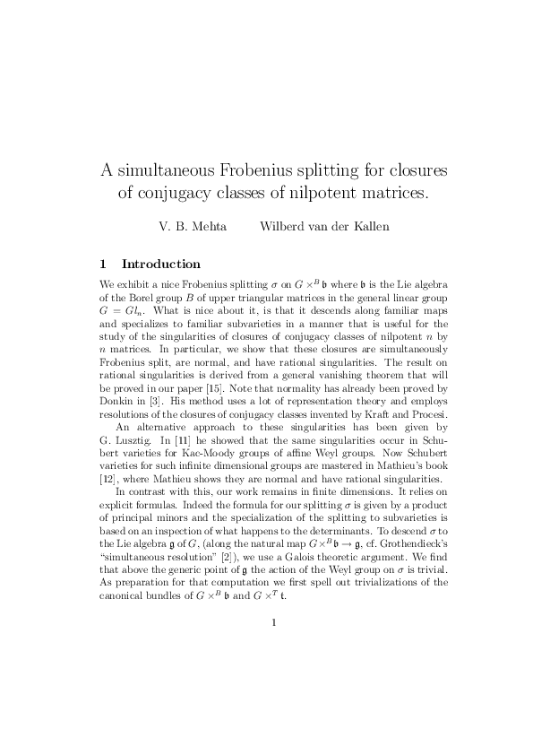 Pdf A Simultaneous Frobenius Splitting For Closures Of Conjugacy Classes Of Nilpotent Matrices