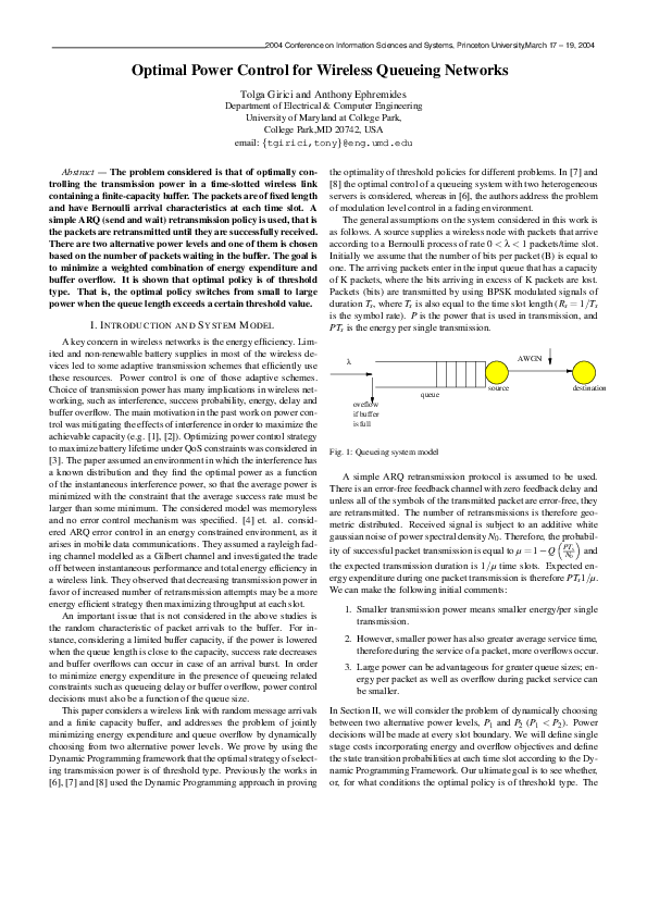 (PDF) Optimal power control for wireless queueing networks
