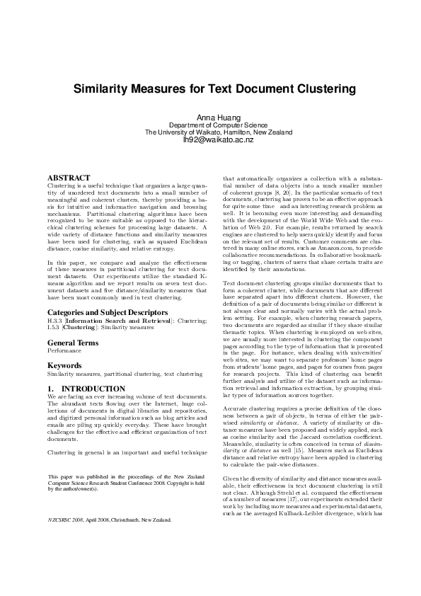 (PDF) Similarity Measures for Text Document Clustering