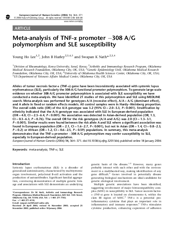 (PDF) Meta-analysis of TNF-α promoter −308 A/G polymorphism and SLE susceptibility