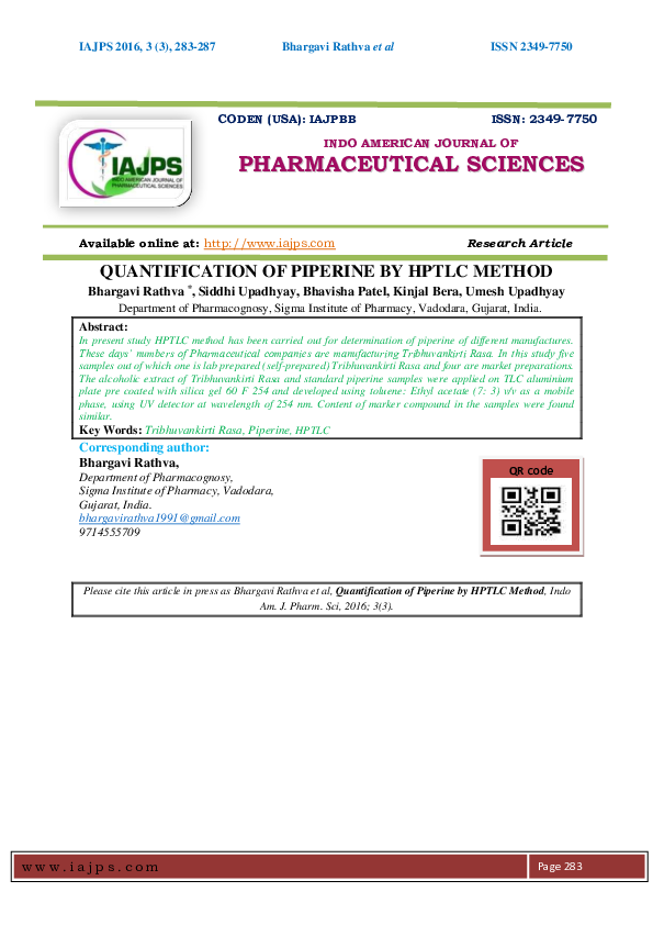 Pdf Quantification Of Piperine By Hptlc Method