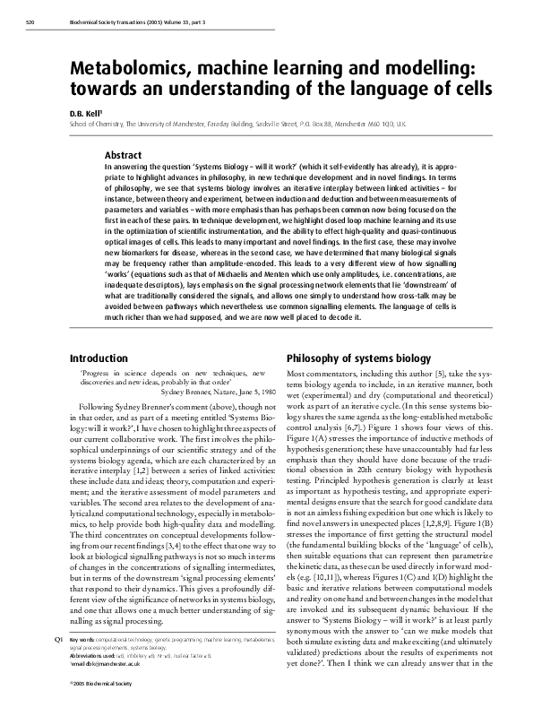 (PDF) Metabolomics, machine learning and modelling: towards an ...