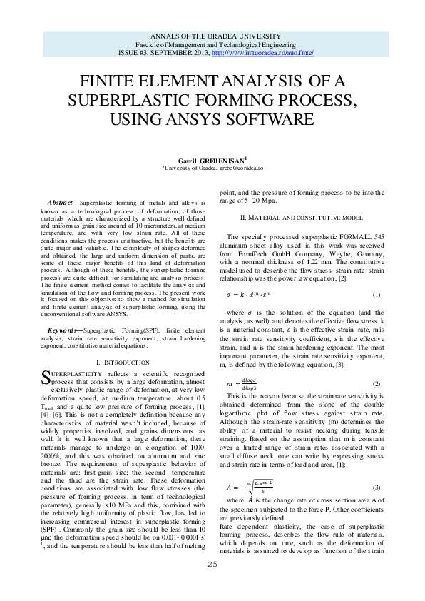 (PDF) FINITE ELEMENT ANALYSIS OF A SUPERPLASTIC FORMING PROCESS USING ANSYS SOFTWARE