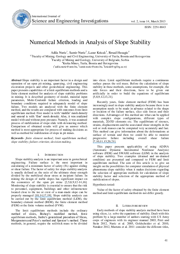 (PDF) Numerical Methods in Analysis of Slope Stability