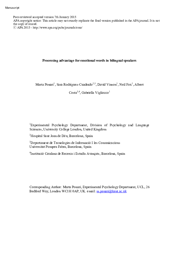 (PDF) Processing advantage for emotional words in bilingual speakers
