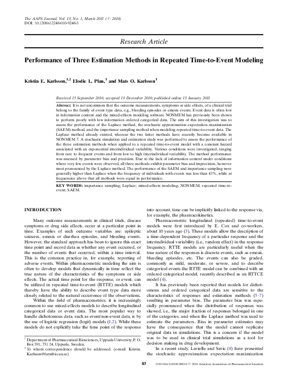 (PDF) Performance of Three Estimation Methods in Repeated Time-to-Event Modeling