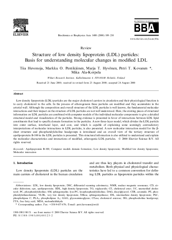 (PDF) Structure of low density lipoprotein (LDL) particles: Basis for ...