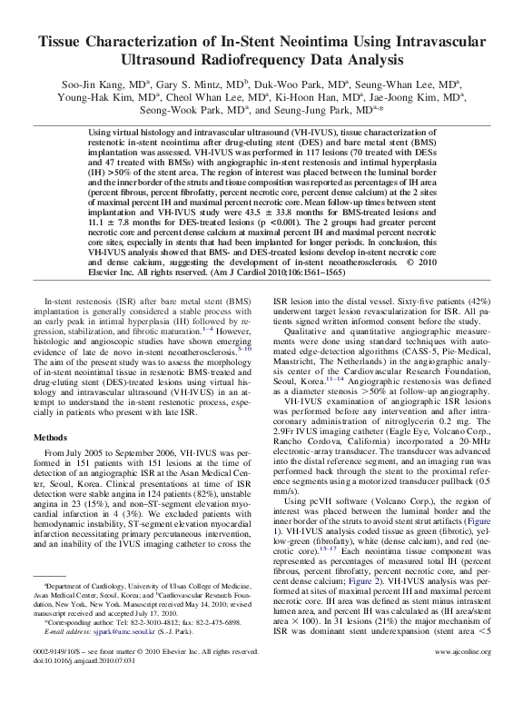 (PDF) In-Stent Neointima Tissue Analysis with VH-IVUS