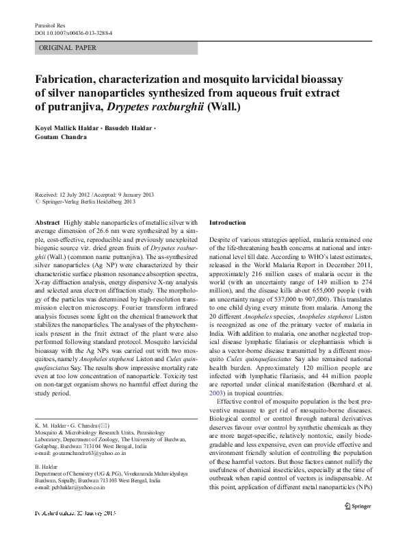 (PDF) Fabrication, characterization and mosquito larvicidal bioassay of ...