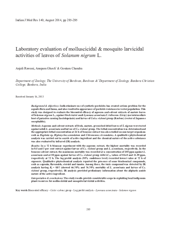 (PDF) Laboratory evaluation of molluscicidal & mosquito larvicidal ...