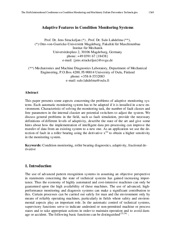 (PDF) Adaptive Features in Condition Monitoring Systems