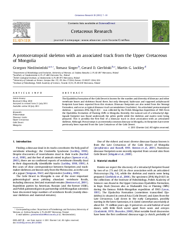 (PDF) A protoceratopsid skeleton with an associated track from the ...