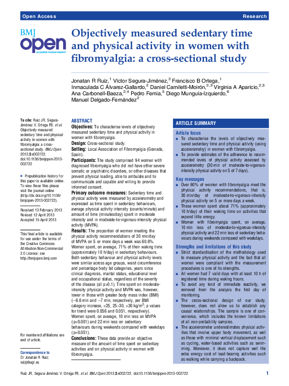 (PDF) Objectively measured sedentary time and physical activity in women with fibromyalgia: a ...