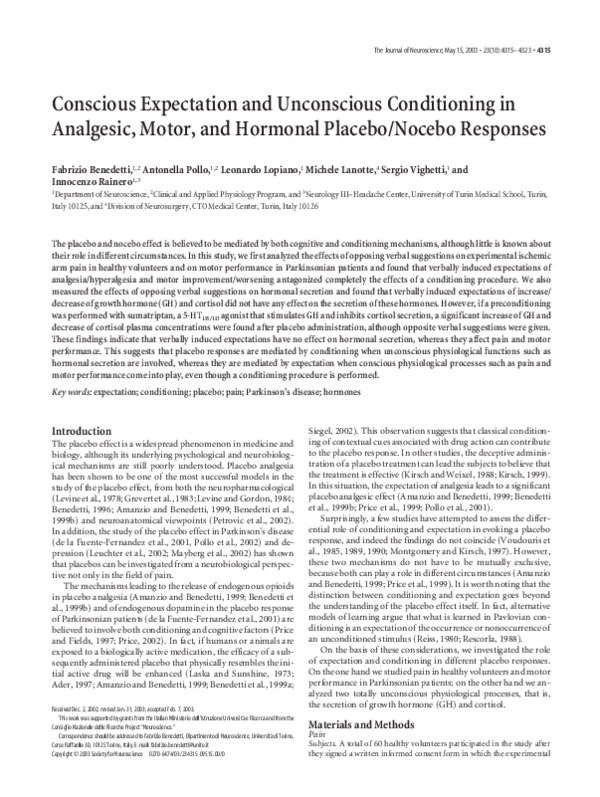 (PDF) Conscious Expectation and Unconscious Conditioning in Analgesic ...