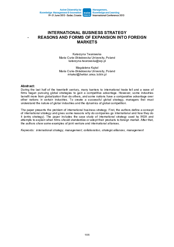 (PDF) INTERNATIONAL BUSINESS STRATEGY - REASONS AND FORMS OF EXPANSION ...