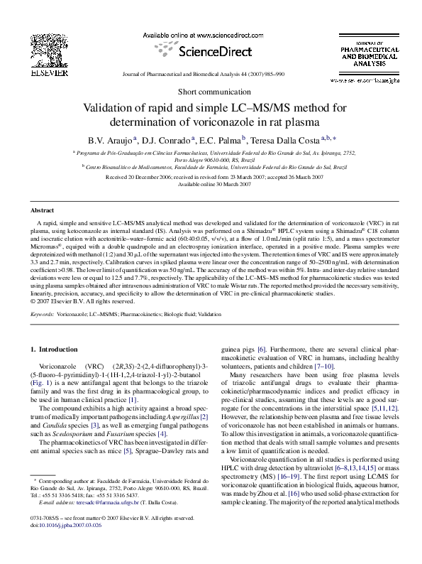 (PDF) Validation of rapid and simple LC–MS/MS method for determination of voriconazole in rat plasma
