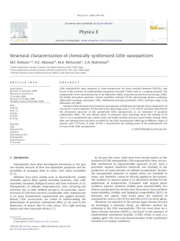 (PDF) Structural characterization of chemically synthesized CdSe nanoparticles