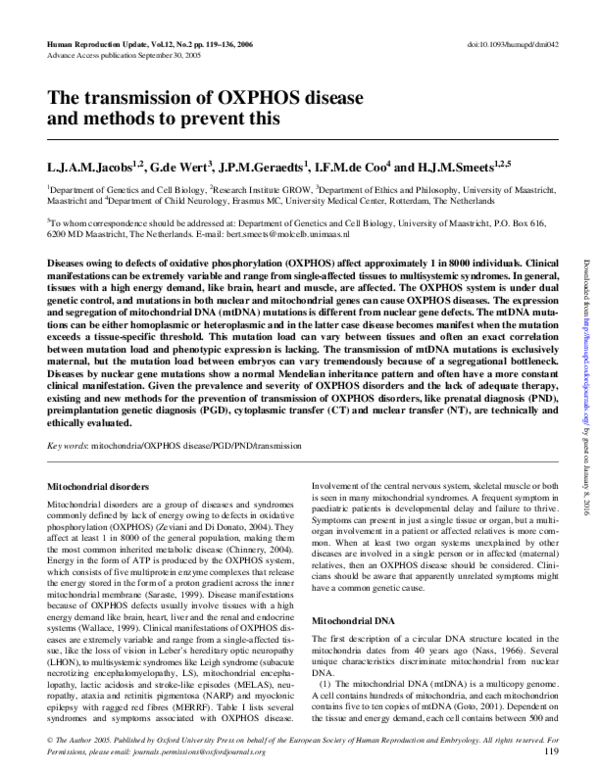 The transmission of OXPHOS disease and methods to prevent this