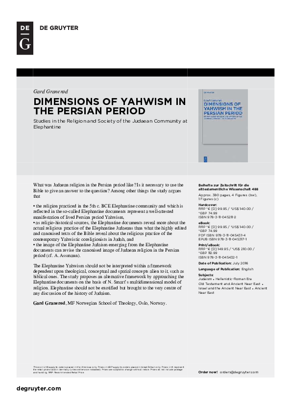 (PDF) Dimensions of Yahwism in the Persian Period: Studies in the ...