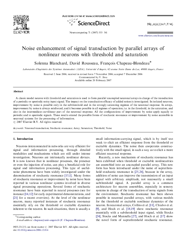 (PDF) Noise enhancement of signal transduction by parallel arrays of nonlinear neurons with ...