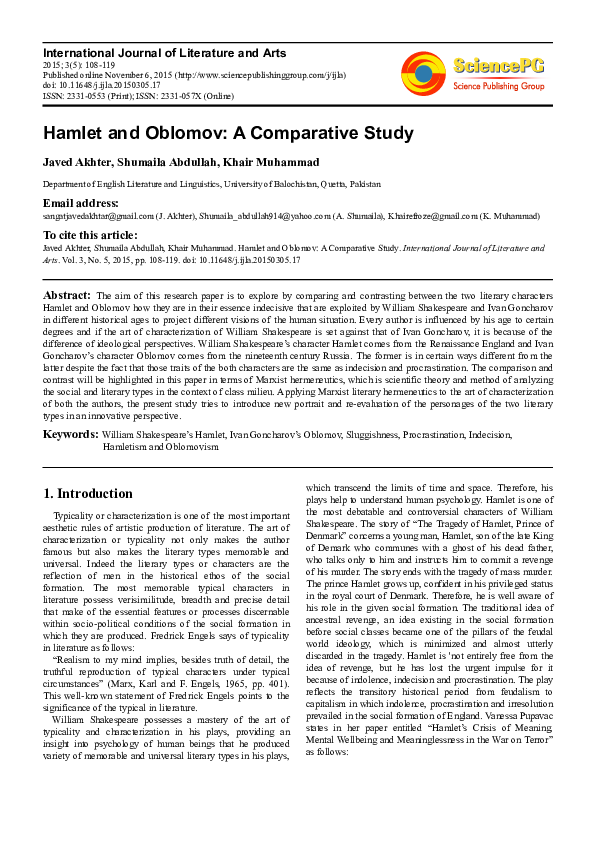 (PDF) Hamlet and Oblomov: A Comparative Study