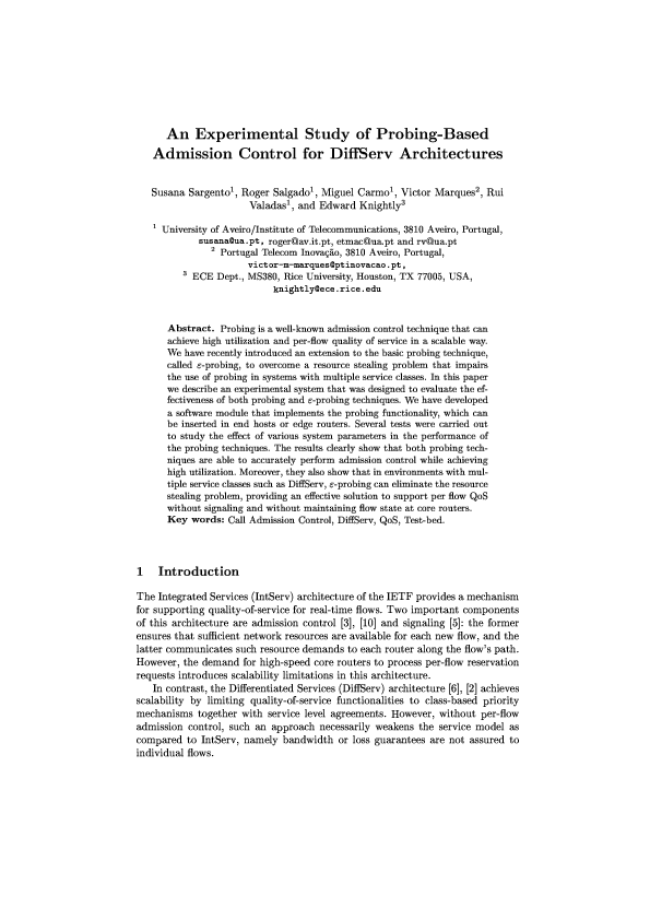 (PDF) An Experimental Study of Probing-Based Admission Control for DiffServ Architectures