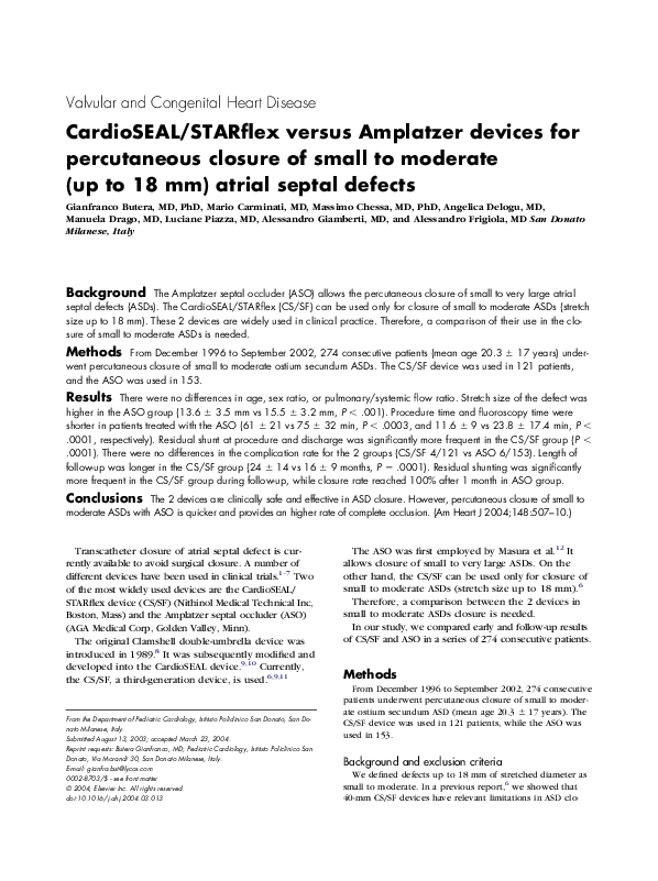 (PDF) CardioSEAL/STARflex versus Amplatzer devices for percutaneous ...